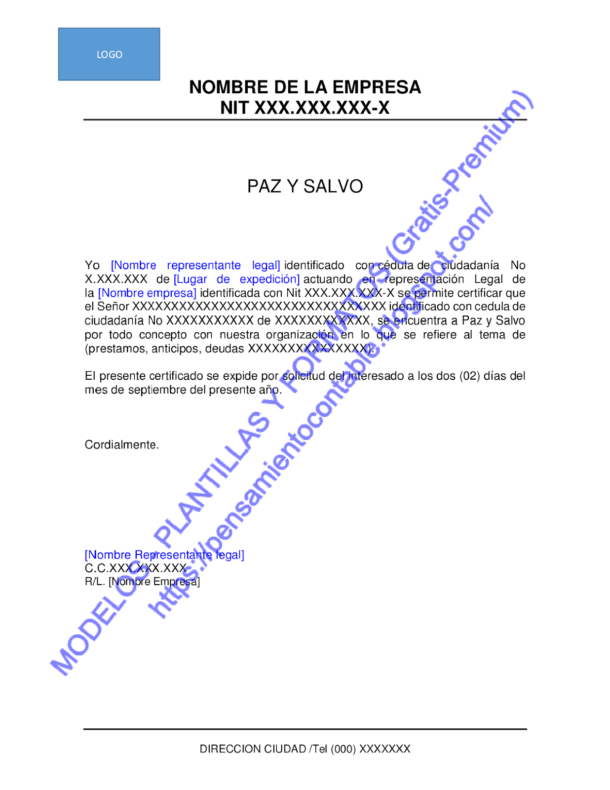 MODELOS - PLANTILLAS Y FORMATOS (Gratis-Premium): Modelo Paz y Salvo [Word]