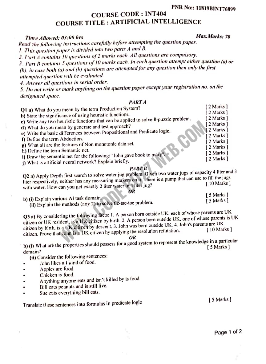 Int404 Artificial Intelligence 2018 End Term Question Paper Ai End Term 2018 Lpu Question Paper