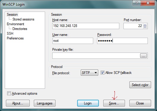 Software Examples: How to use and save session - WinSCP Linux/Unix