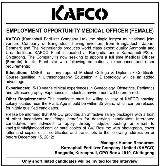 Jobs Barta: KAFCO- Karnaphuli Fertilizer Company Ltd, Post: Medical ...