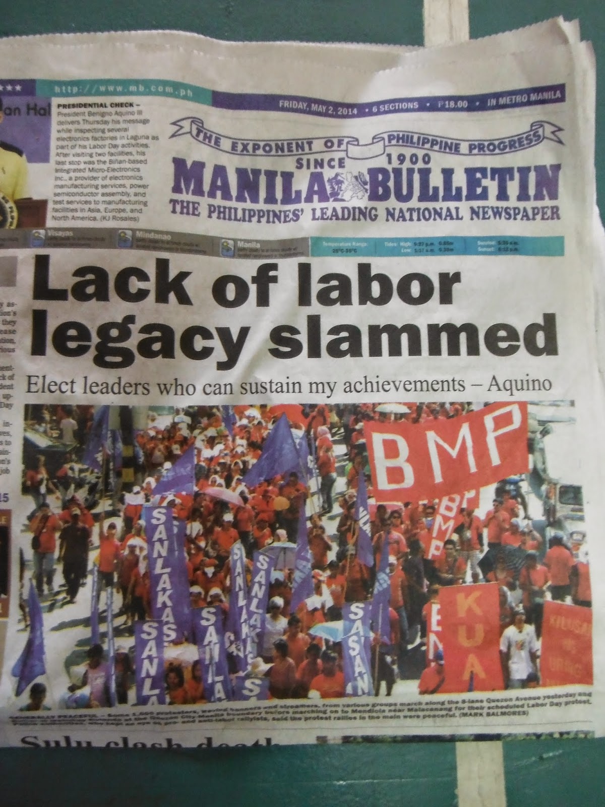 BMP: Front Page sa Manila Bulletin, May 2, 2014