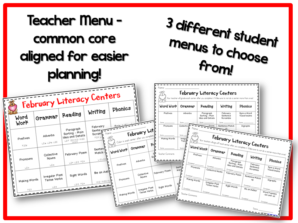 February Literacy Menu Centers and Freebie Calendar Cards - Teacher by ...
