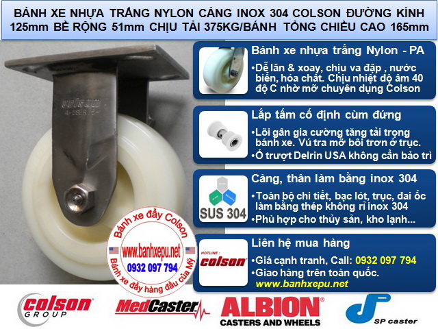 Bánh xe đẩy inox 304 Colson Nylon chịu nhiệt độ âm 40 độ C | 54111