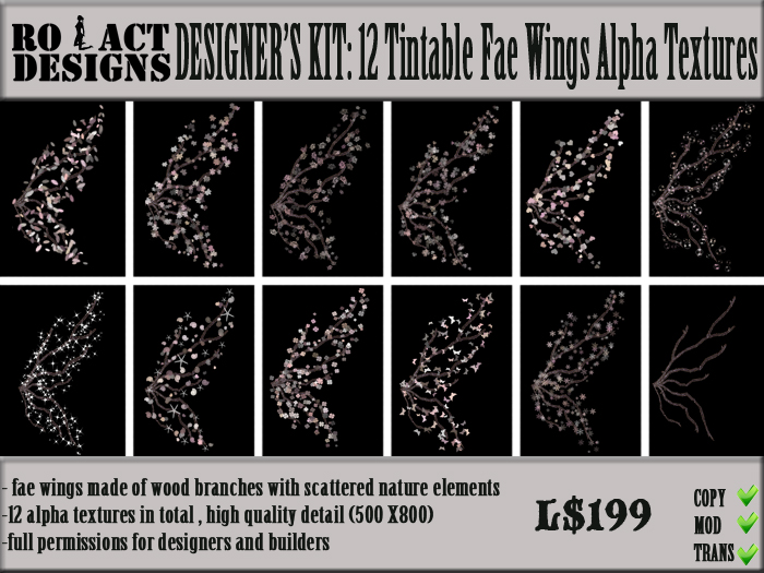 Ro!Act Designs: ..::RO!ACT::..DESIGNS Designer's Kits: 12 Tintable Fae Wings Alpha Textures