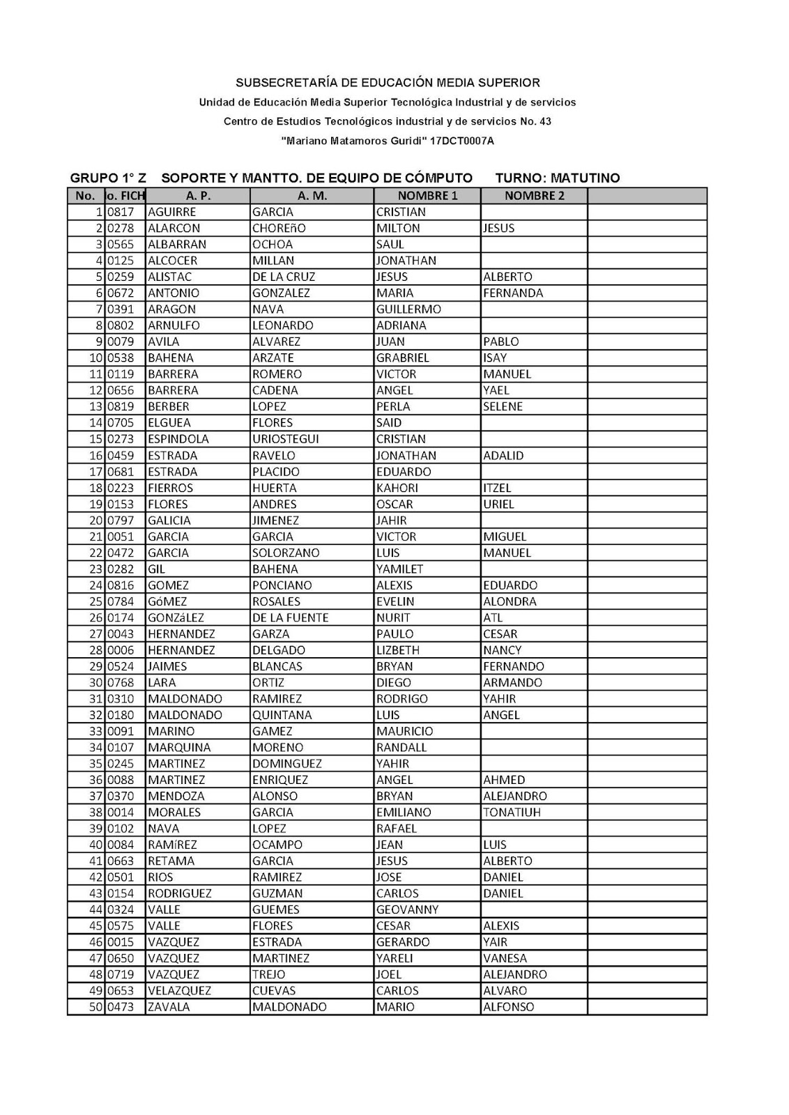 CETis 43 : LISTA DE NUEVO INGRESO