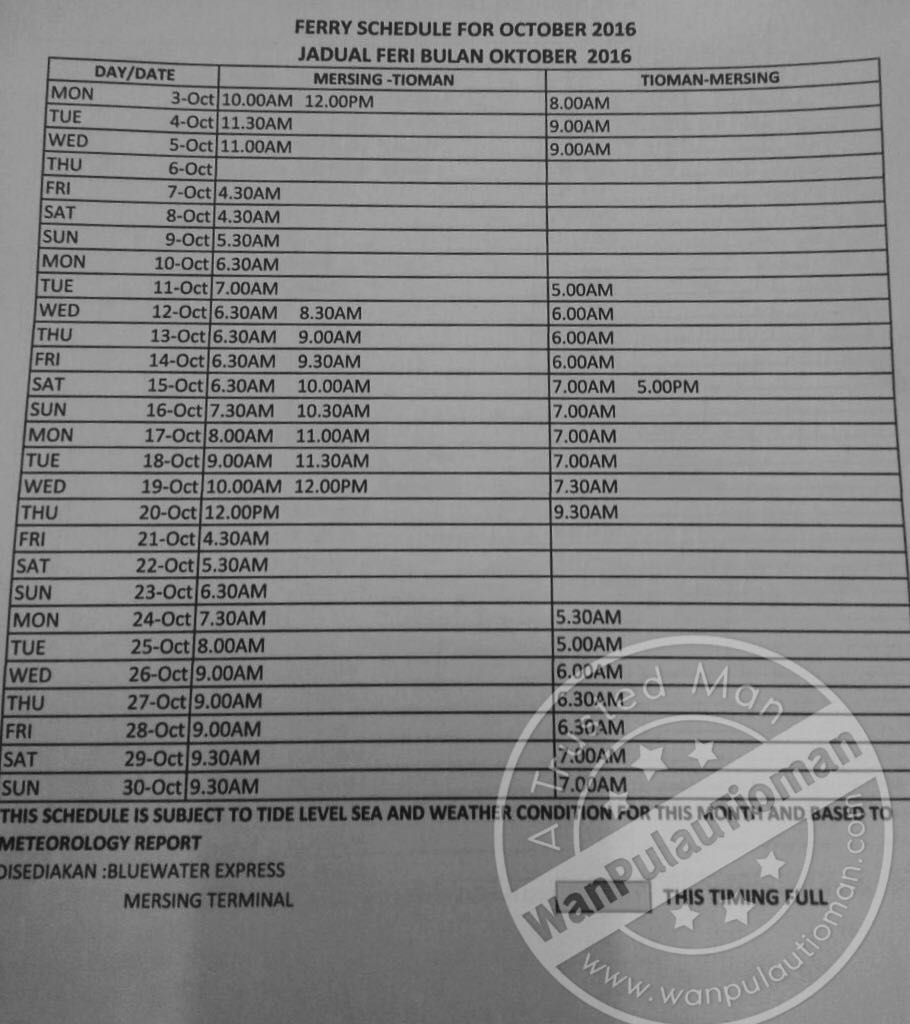 Ferry Schedule For October 2016 (Mersing - Tioman - Mersing ...