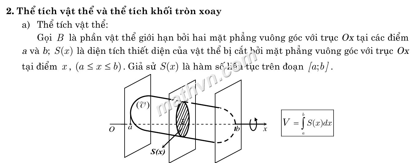 Công thức tính diện tích hình phẳng, thể tích vật thể bằng tích phân