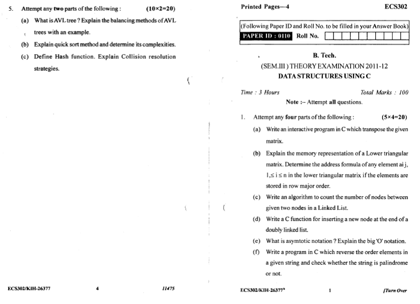 Mahamaya Technical University Data Structure using C 2012 Question ...