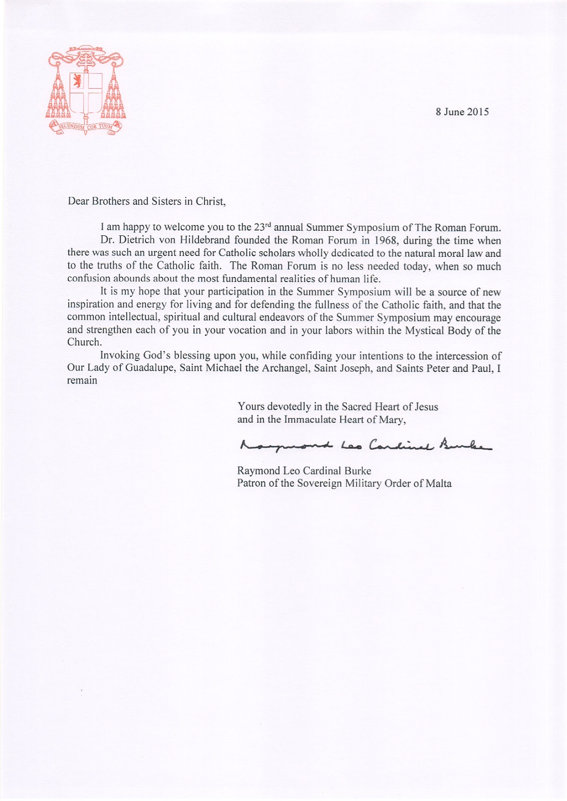 RORATE CÆLI: Cardinal Burke's Letter of Welcome to Participants in this ...