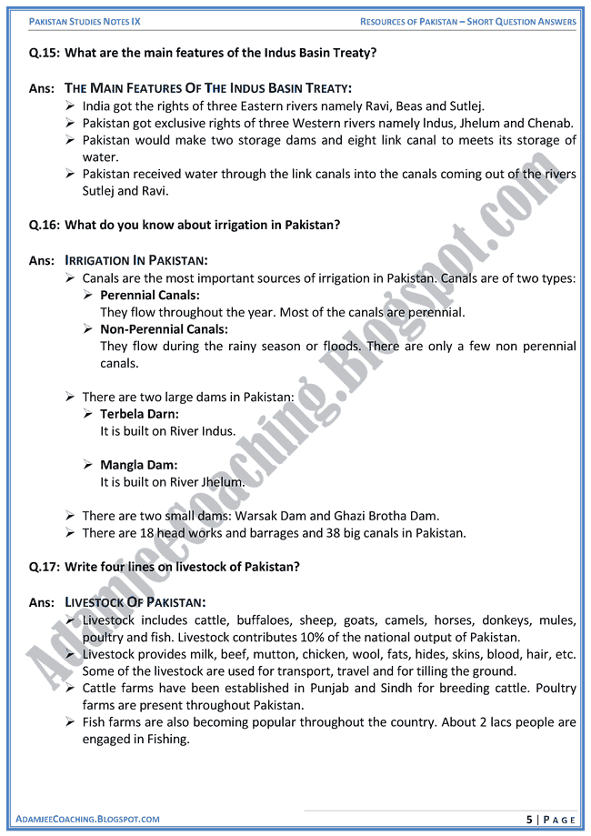 Adamjee Coaching: Resources of Pakistan - Short Question Answers ...