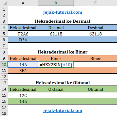 Belajar Excel : Belajar Fungsi HEX2BIN, HEX2DEC, dan HEX2OCT - Jejak Tutorial