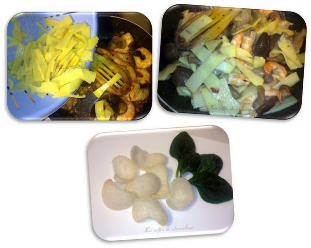 Wok de langostinos con bambú y setas sobre pan de gambas