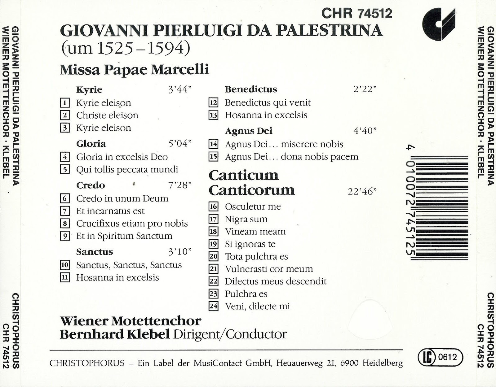 Música clásica: Palestrina - Klebel - Missa Papae Marcelli, Canticum ...