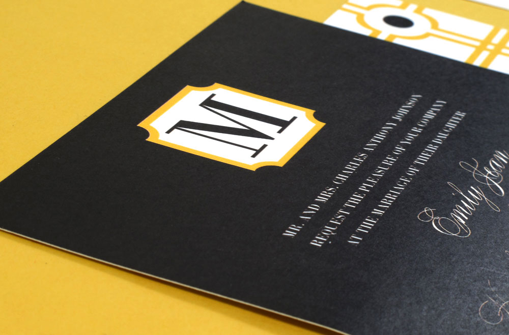 Be True: Be True Designs Mod Black, White and Yellow Wedding Invitations