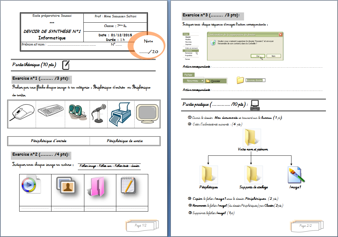 L'informatique aux collèges tunisiens: Devoirs de synthèse n°1 niveau 7ème année de base