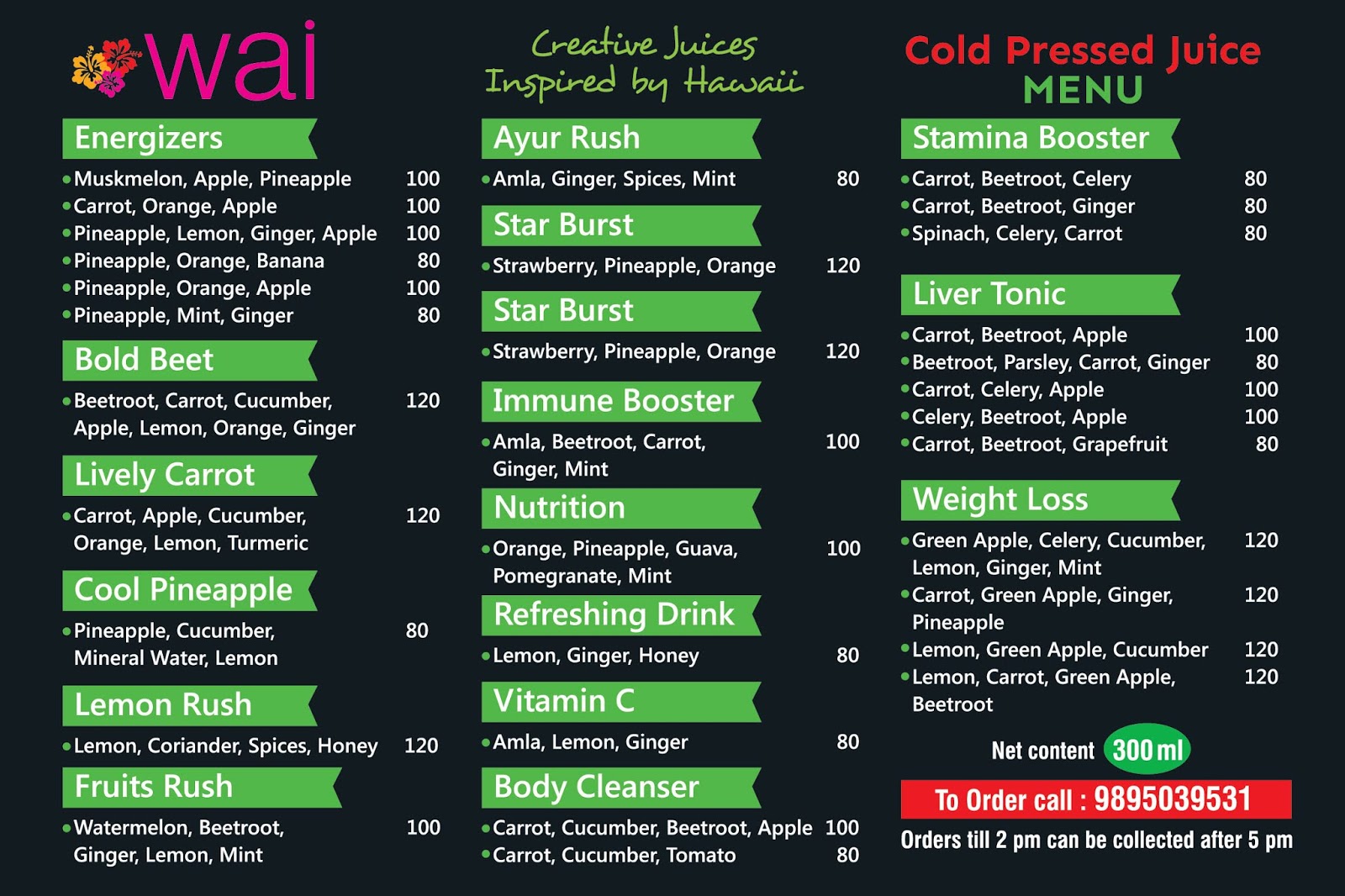 C & O ad-ventures: WAI Cold Pressed Juice Thrissur Kerala Menu