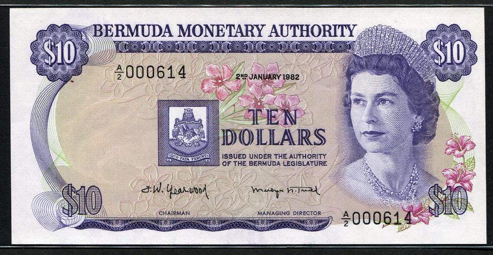 Bermuda banknotes 10 Dollars banknote 1982 Queen Elizabeth & Bermuda ...