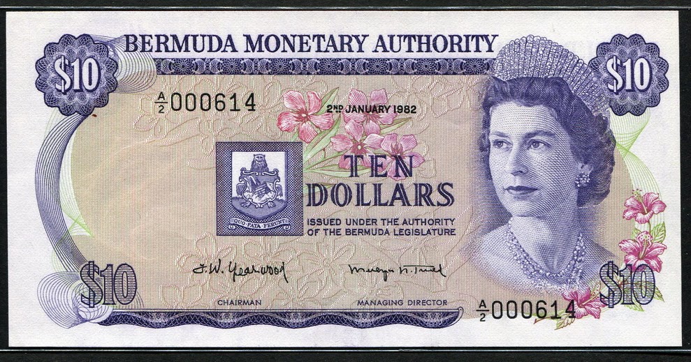 Bermuda banknotes 10 Dollars banknote 1982 Queen Elizabeth & Bermuda ...