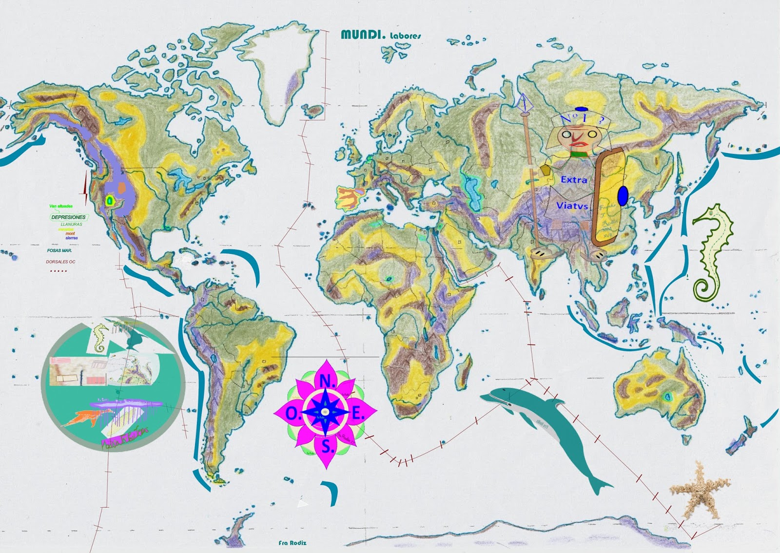 World mixed Map with translucent Icons in S. and E. Hemispheres