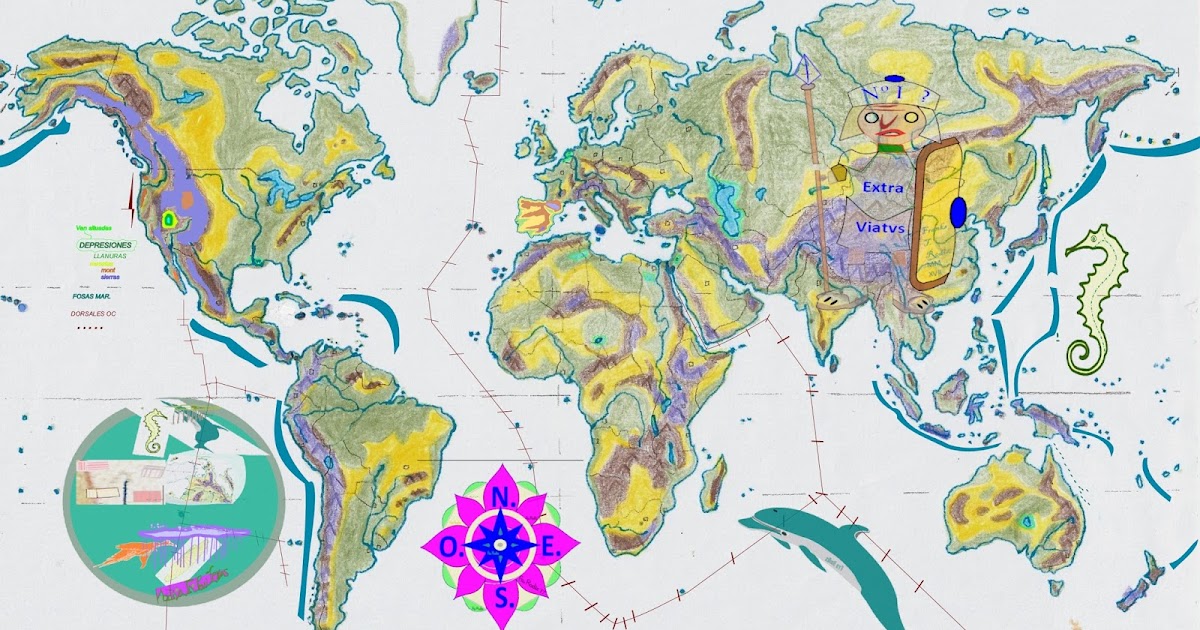 World mixed Map with translucent Icons in S. and E. Hemispheres