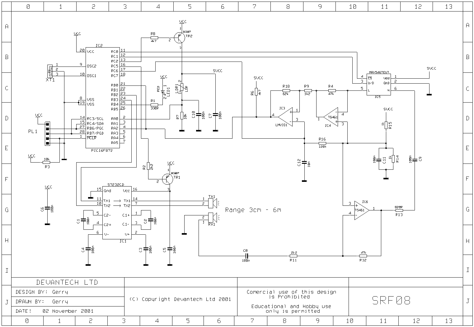 80x51projects חיישן מרחק Devantech Srf08 Ultrasonic Ranger מעגל חשמלי