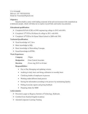 Wipro BPO Resume Format Sample-Data Control Associate