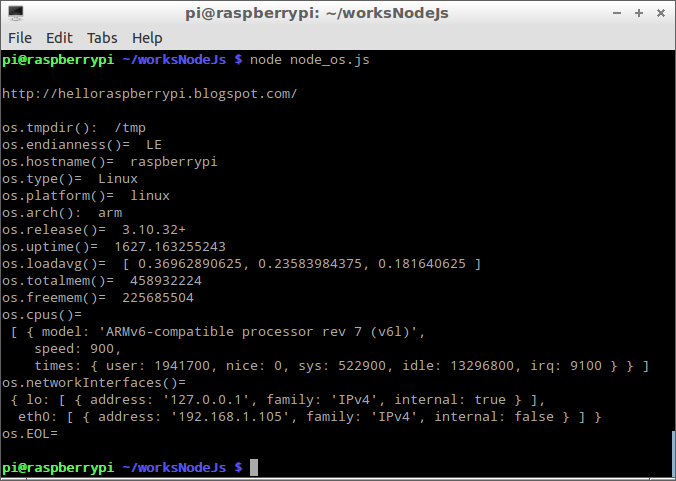 Hello Raspberry Pi: Node.js: get OS info