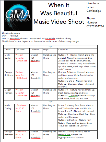 Grace G324 Media : Call Sheet - Main Task and Ancillary Tasks