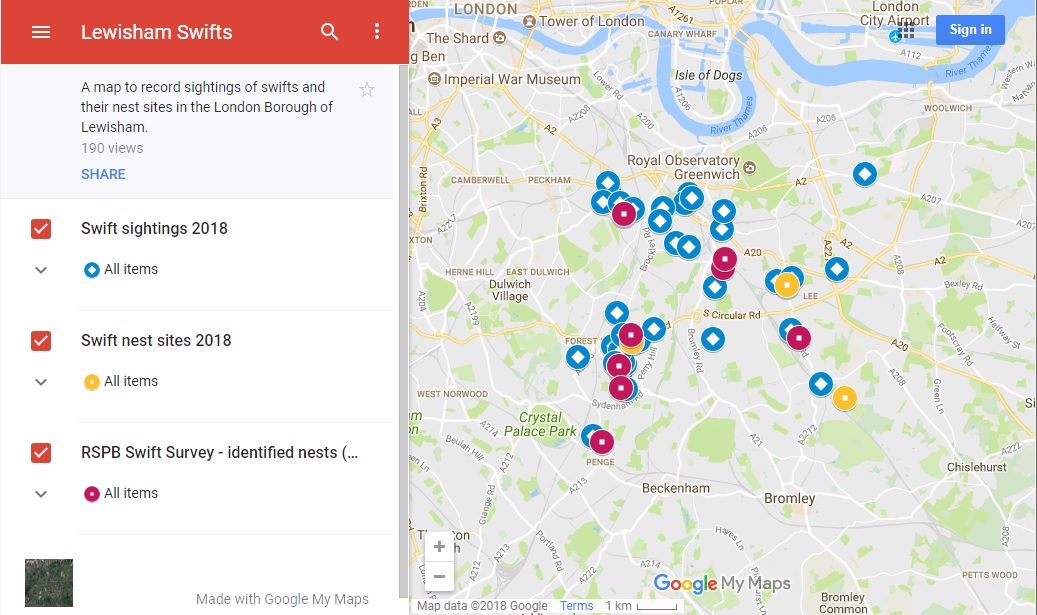 Lewisham Swifts: Swift sightings in Lewisham: mapping on Google Maps