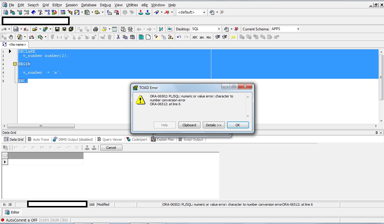 My Oracle World: ORA-06502: PL/SQL: numeric or value error