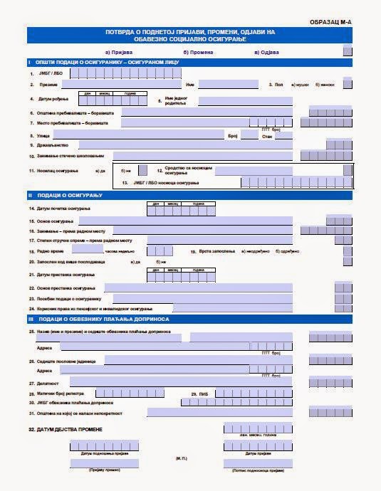 Obrasci za popunjavanje: Obrazac M-A