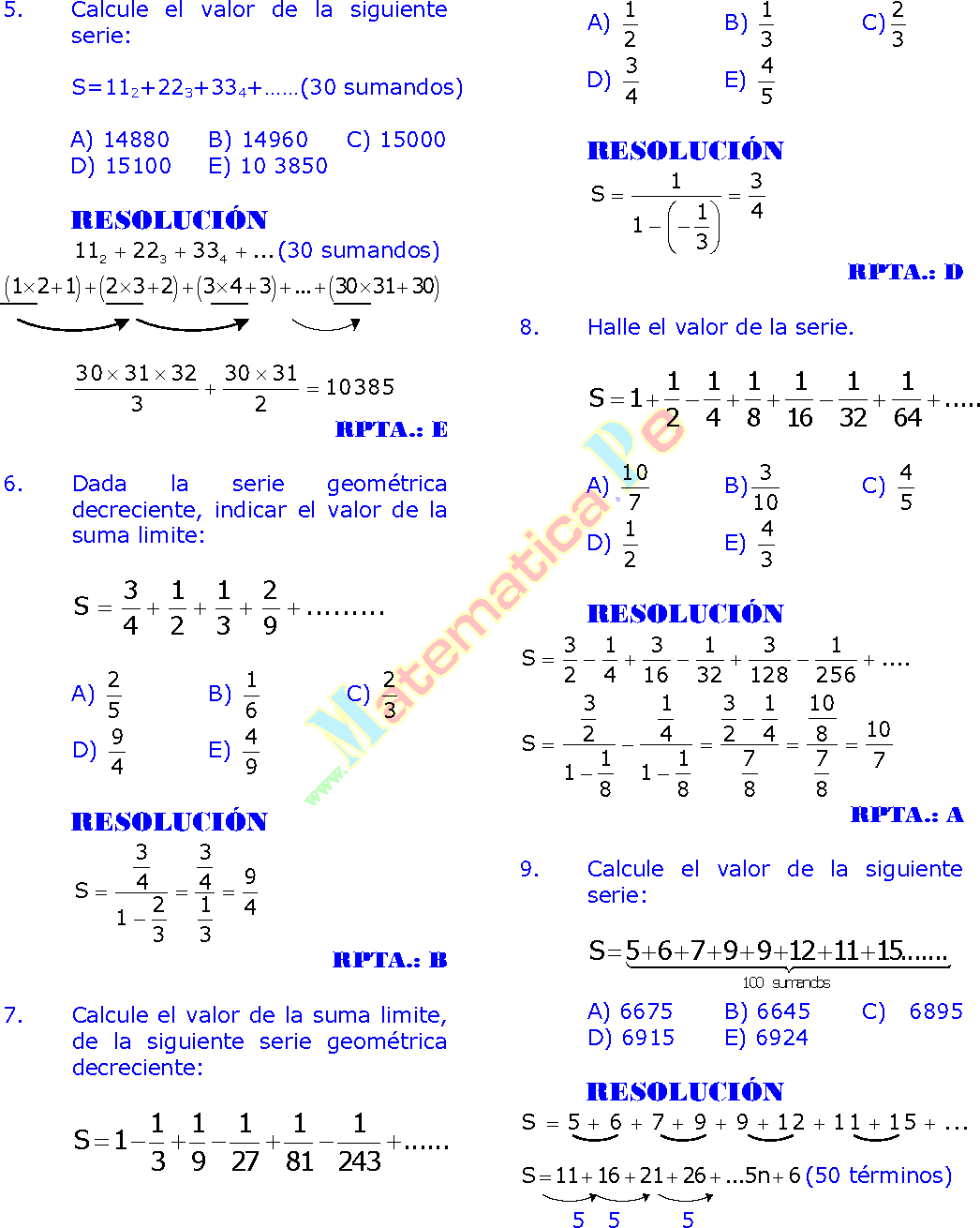 SUMATORIAS EJERCICIOS RESUELTOS DE RAZONAMIENTO MATEMÁTICO ...