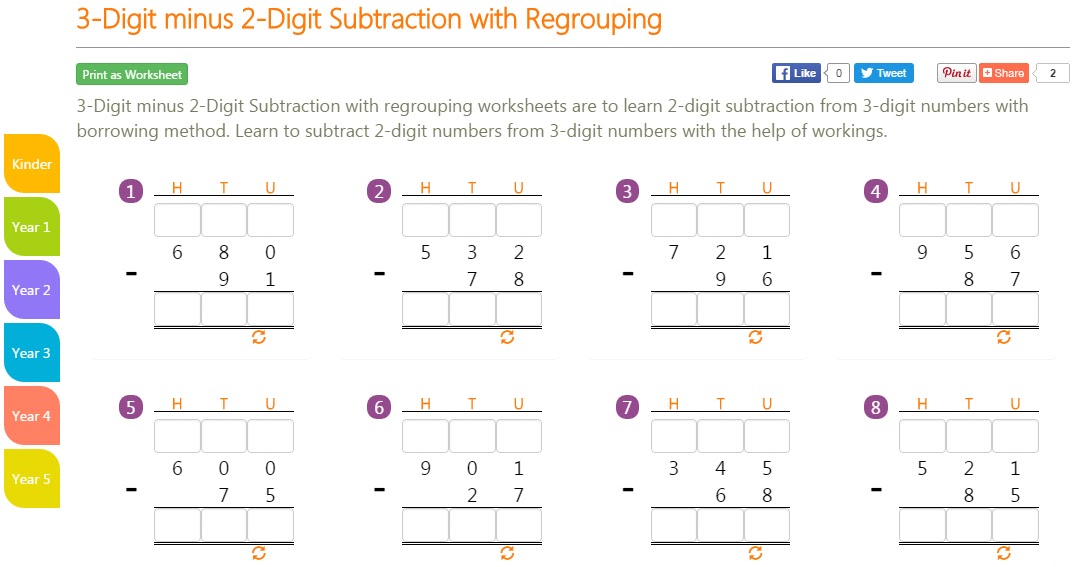 K8 School Lessons: 3-Digit minus 2-Digit Subtraction with Regrouping
