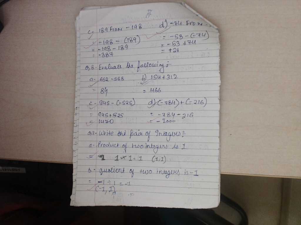 PIS VADODARA STD 7: Grade 7 Math Notebook Work