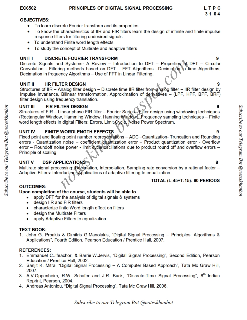 Ec6502 Principles Of Digital Signal Processing Syllabus Semester V Ece Be Anna University