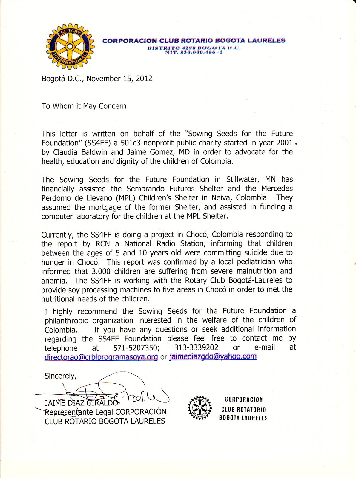 Nuevochoco: Rotary Club Bogota Laureles, Rec. letter