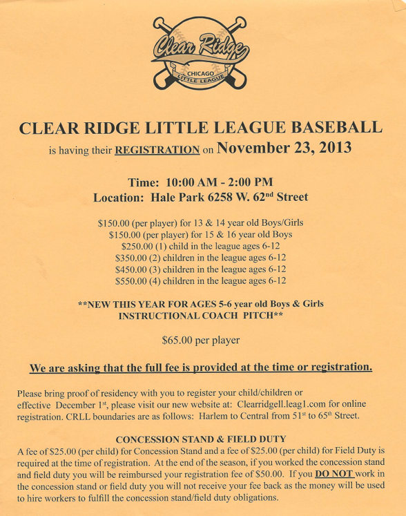 Southwest Chicago Post: Clear Ridge Little League Registration
