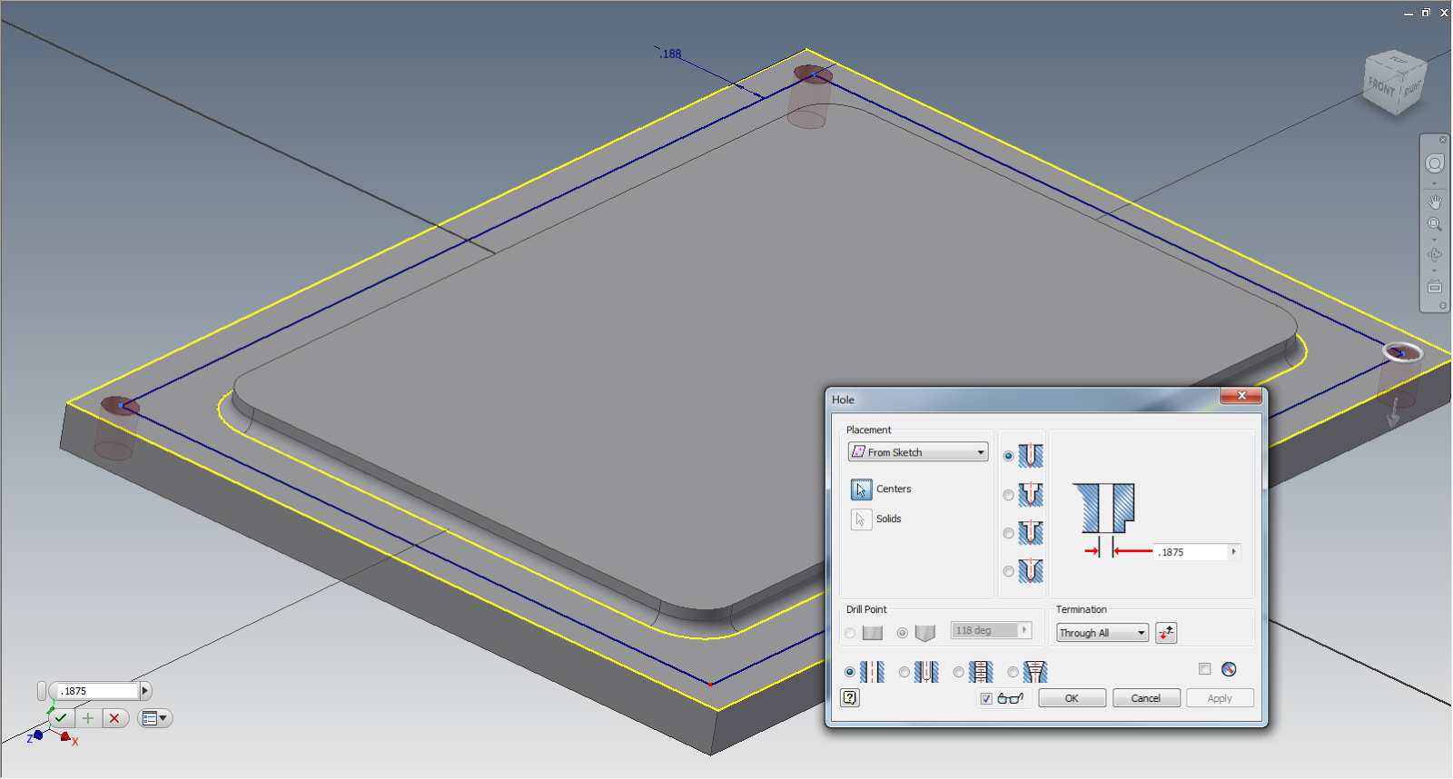 Using an offset sketch to create a four hole pattern