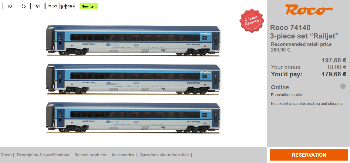 74140 - 3 piece set: “Railjet”, CD DC 室内灯付き 2019,KW17 定価 € 259,90