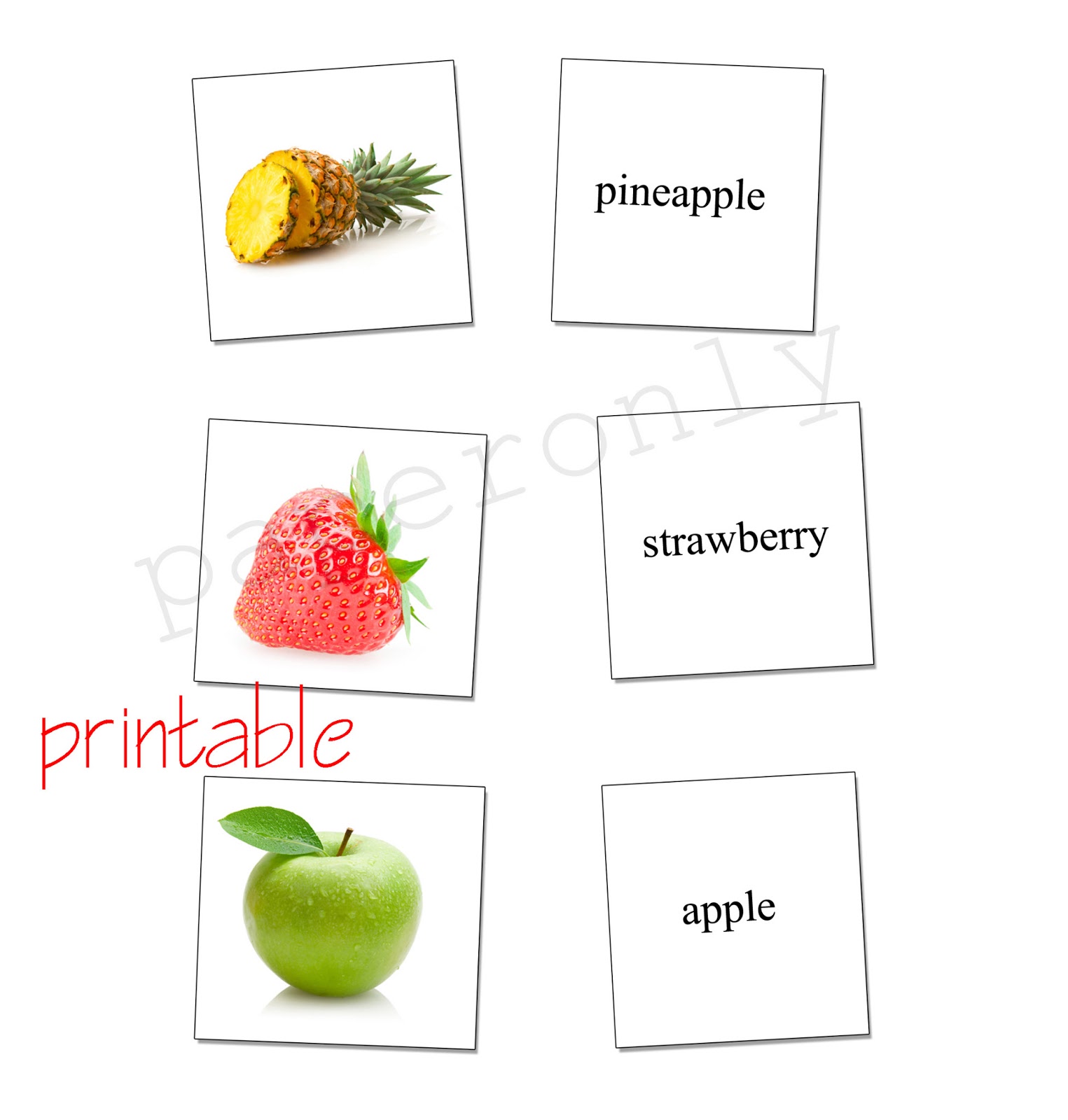 printables: match fruits with names - flash card - printable PDF
