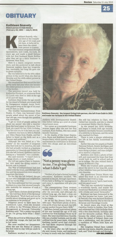 AS THEY WERE: OBITUARY : KATHLEEN SNAVELY.. SHE WAS CLARE'S OLDEST ...