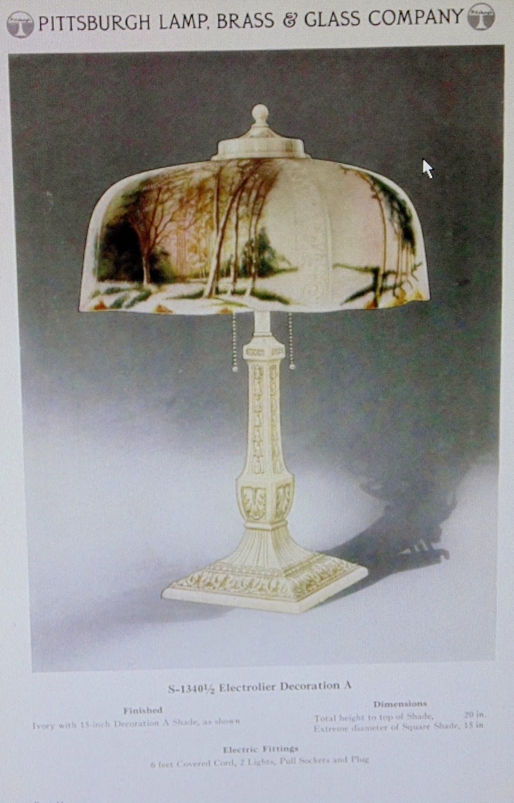 PITTSBURGH LAMP BRASS & GLASS REVERSE PAINTED LAMP