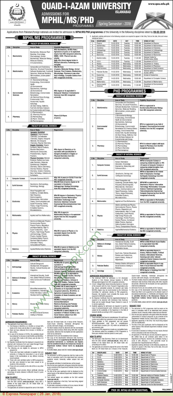 Quaid-I-Azam University Islamabad Admissions Spring 2018 - Computer Zila