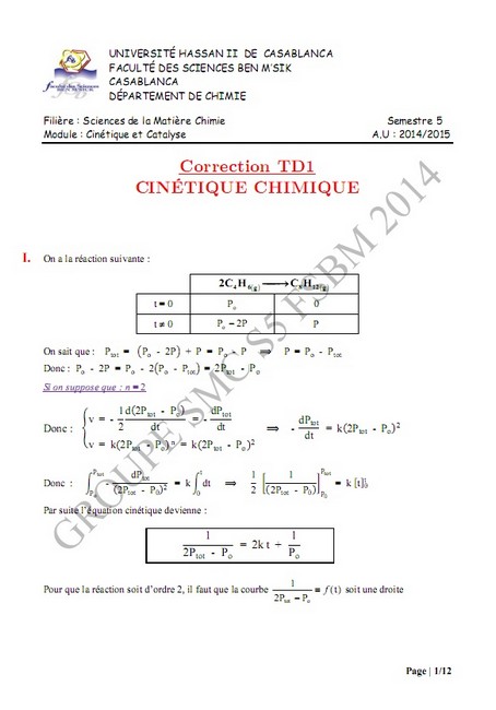 corrige td1 td2 td3 td4 td5 cinetique chimique