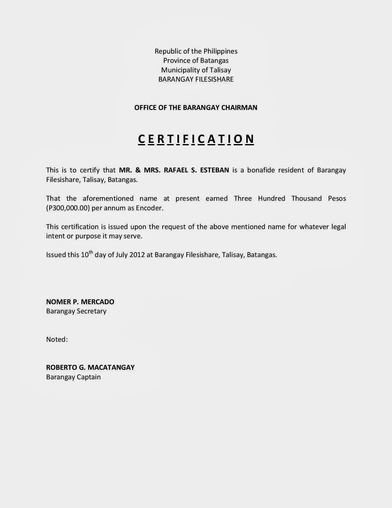 CERTIFICATION OF INCOME (Sample)