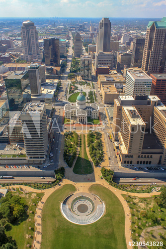 Aerial view of downtown St. Louis from the Gateway Arch