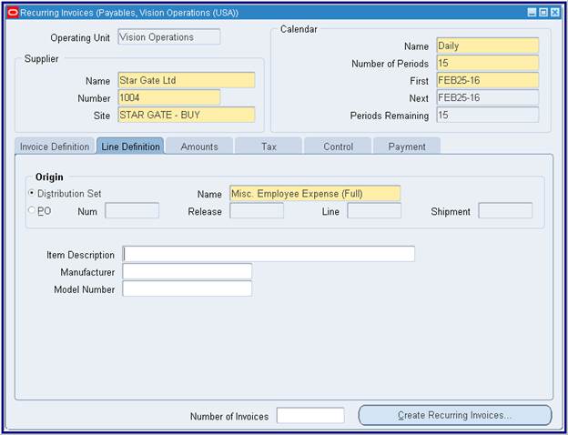 Oracle Applications Creating Oracle Payables Recurring Invoices