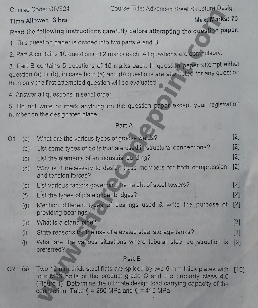CIV524 : Advanced Steel Structure Design End Term Exam Question Paper ...