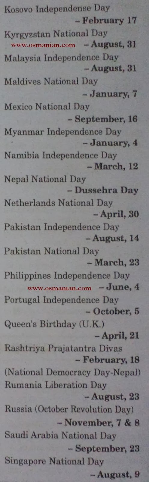 Osmanian: various countries national days